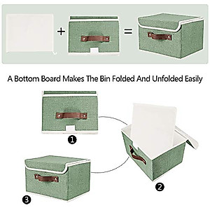 Lucky Monet 2 Pack Linen Fabric Foldable Storage Bin Set Collapsible Storage Box Cube Closet Organizer with Lid & Faux Leather Handle, 10”x8”x7” (Green)