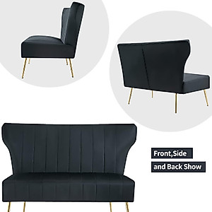 WQSLHX 50’’ Velvet Modern Armless Loveseat Sofa, Upholstered Small Wingback Couch Sofa with Golden Metal Legs, 2 Seater Tufted Couch for Bedroom, Apartment Small Space, Black