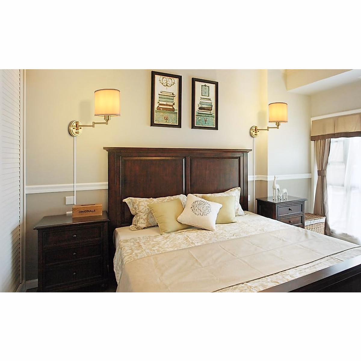 Plug in Wall Sconces with Remote Control, Dimming 10%-100% & Adjustable Colors 2700K-6500K, Hardwire or Plug-in, Swing Arm Wall Lamp with White Fabric Shade, Wall Sconces Set of Two, Gold Finish