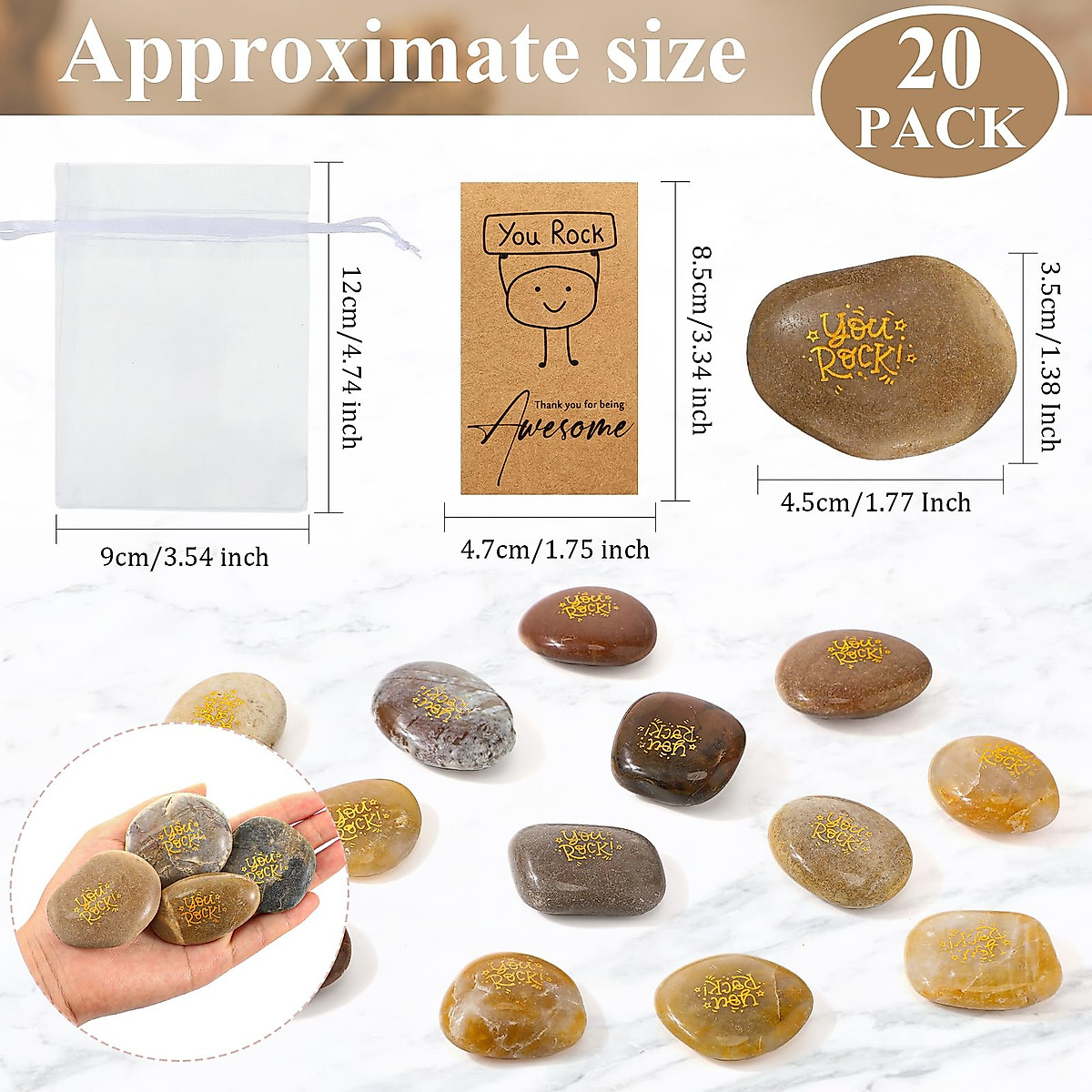Roowest Employee Appreciation Gifts Christmas Thank You You Rock Engraved Inspirational Rocks Faith Stones Kudos Cards Thank You Notecards and White Organza Bags for Coworkers Staff(20 Sets)