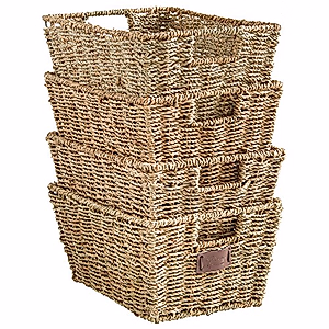 VonHaus Set of 4 Seagrass Storage Baskets with Insert Handles Ideal for Home and Bathroom Organization - 12(L) x 9(W) x 6(H) inches