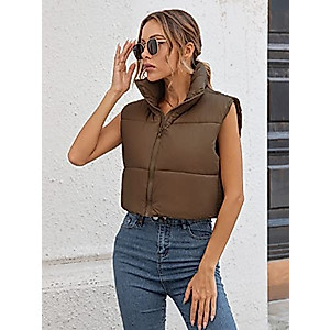 Gihuo Womens Quilted Cropped Puffer Vest Gilet Warm Padded Full Zip Lightweight Puffy Vest Short Sleeveless Jacket(Coffee-M)
