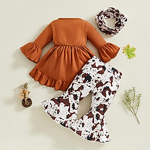Emmababy Toddler Baby Girl Clothes Long Sleeve Cow Print OutfitT-Shirt + Flare Pants Bell-Bottom Tie Dye Leggings Set 0-4T (3PCS brown, 12-18 Months)