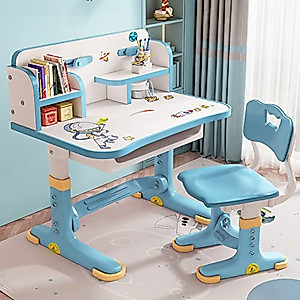 Small Desk, Standing Desk, Desk Chair Set, Widened Desktop Multi Separation Cartoon Pattern Desk Chair Set Kids Adjustable Height Study Table with Drawer Chair Set (Blue)