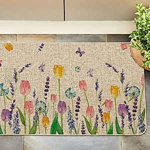 Artoid Mode Tulip Lavender Spring Decorative Doormat, Seasonal Flower Summer Holiday Low-Profile Rug Switch Mat for Indoor Outdoor 17x29 Inch