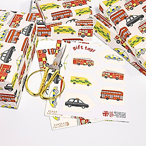 CENTRAL 23 Vehicles Wrapping Paper - Boy Birthday Wrapping Paper - 6 Sheets Gift Wrap - Firetruck - Taxi Cab - Bus - Comes With Fun Stickers - Recyclable