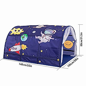 Happy Tent Space Stars Bed Tents for Kids Portable Play Game House Boys Girls Breathable Cottage DIY Inner Pocket Sleeping Toddlers Playhouse with Double Net Curtain & Carry Bag (Blue)