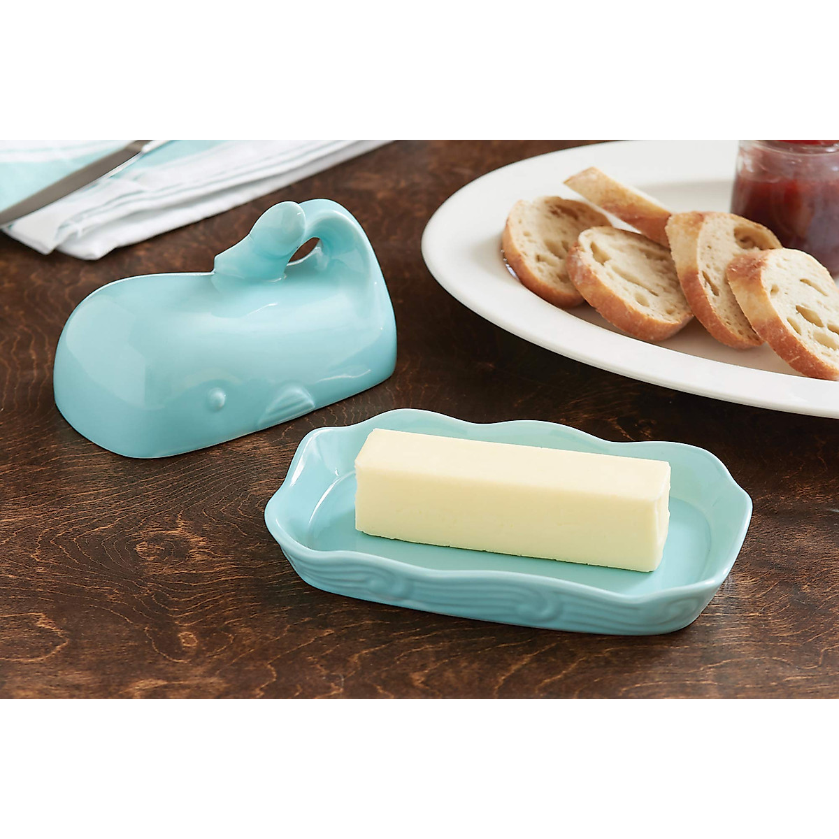 Fox Run Whale Ceramic Butter Dish with Lid, 7", Aqua Blue