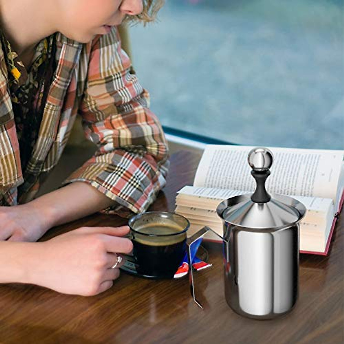 Manual Milk Creamer Hand Pump Frother Cappuccino Latte Coffee Foam Pitcher with Handle, Lid, Double Layer Filter Screen, Stainless Steel, 17-Ounce Capacity (500ml)