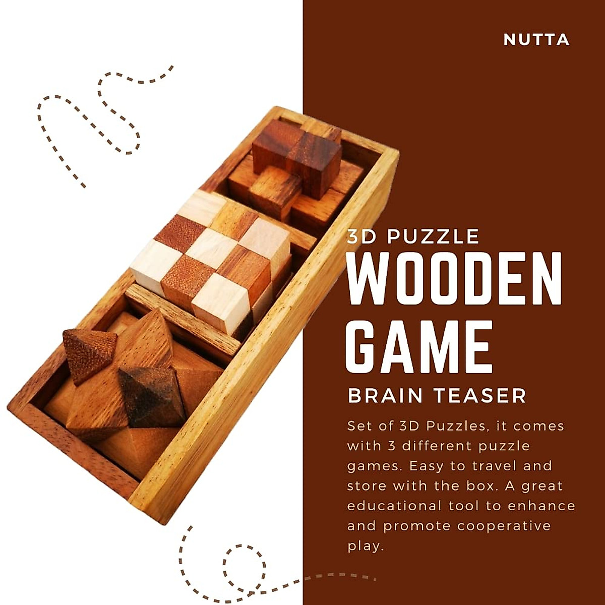 NUTTA - 3 in 1 Set Wooden Games Brain Teaser Wood Toy Desk Puzzle Coffee Table Decor Broad Game 3D Puzzles for Teens and Adults Fun Games Indoor Outdoor Camping Decorate Party Gift Christmas