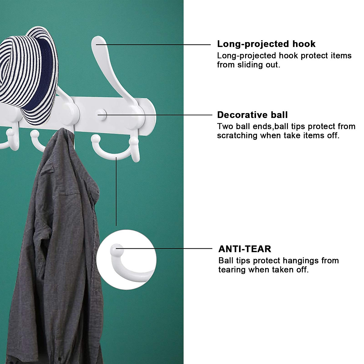 PHINGEER Coat Rack Wall Mount, Heavy Duty Coat Rack with 5 Tri Wall Hooks, Stainless Steel Coat Hooks for Hanging Coats, Jacket, Hanger, Hat, Bag, Towel, Purse (White, 2Packs)