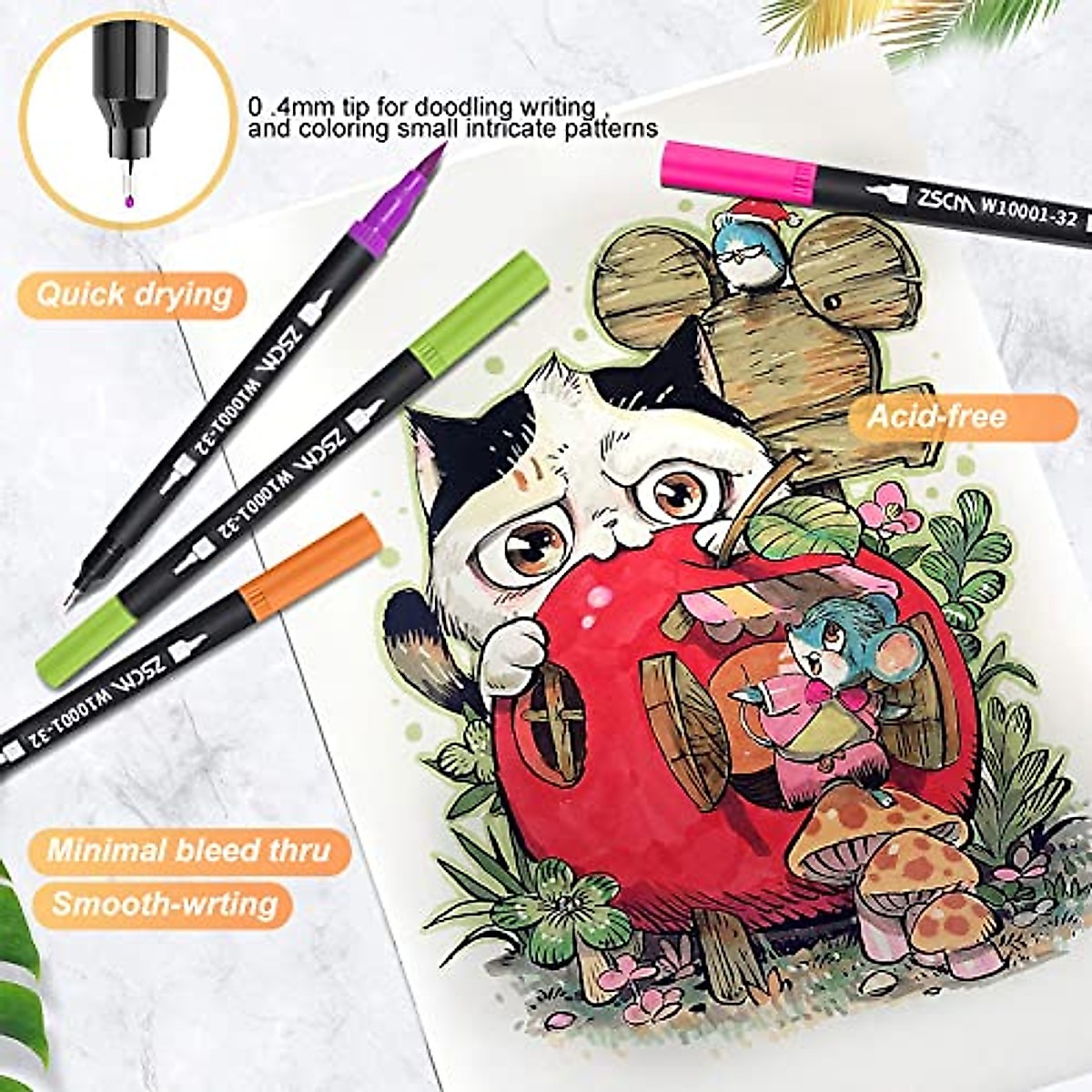 ZSCM 32 Colors Duo Tip Brush Markers Art Pen Set, Artist Fine and Brush Tip Colored Pens, for Kids Adult Coloring Books Christmas Cards Drawing, Note taking Lettering Calligraphy Bullet Journaling