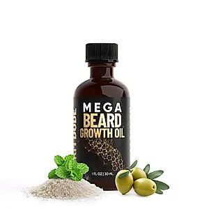 Derm Dude Mega Beard Growth Oil with Jojoba Oil, Japanese Peppermint Oil, Castor Oil, Avocado oil and more. Promotes Natural Healthy Facial Hair Growth for Men, Thickening and Conditioning Beard Oil