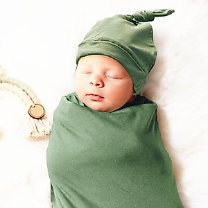 Aijoviko Newborn Swaddle Blanket with Hat Set Baby Swaddle Set Hospital Receiving Blankets for Girls Boys(Olive,35"*35")