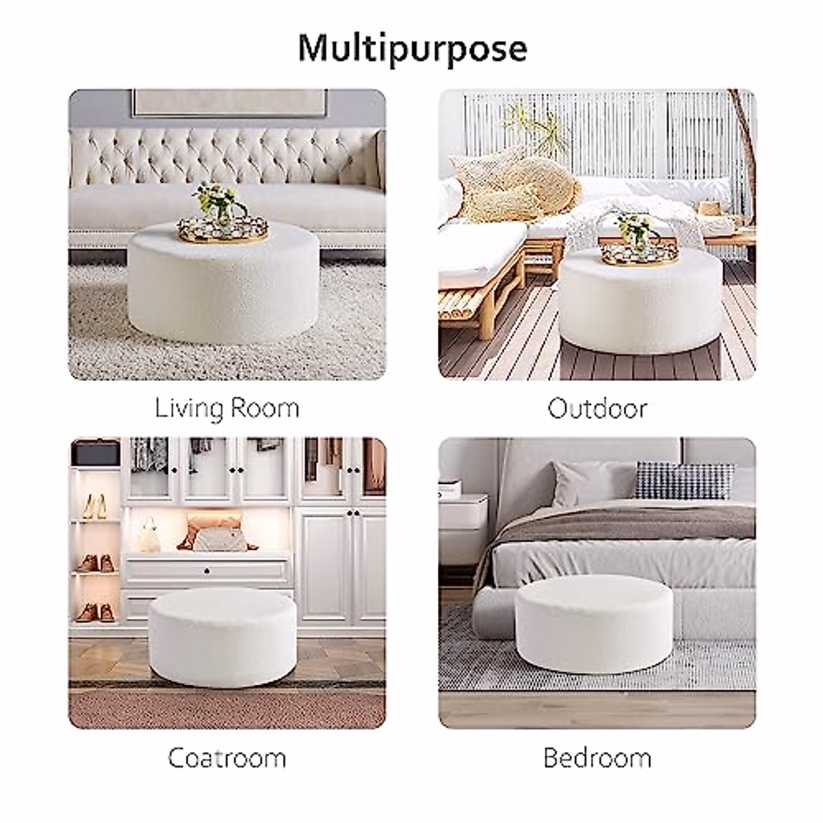Get Set Style Round Coffee Table, Boucle Upholstered End Table, Work as Side Table & Ottoman & Seat for Living Room Bedroom Entryway Office
