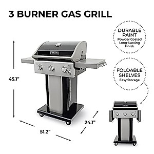 Permasteel 3-Burner Gas Grill | Cast Iron Cooking Grates, Grilling Tools Holder, Foldable Sides, PG-A40301-BK, Pedestal Style, 30000 Total BTUs - Black