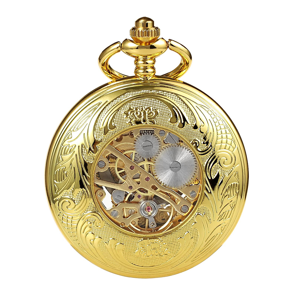 TREEWETO Men's Mechanical Roman Numerals Dial Sun and Moon Skeleton Gold Case Pocket Watches with Box and Chains for Mens Women
