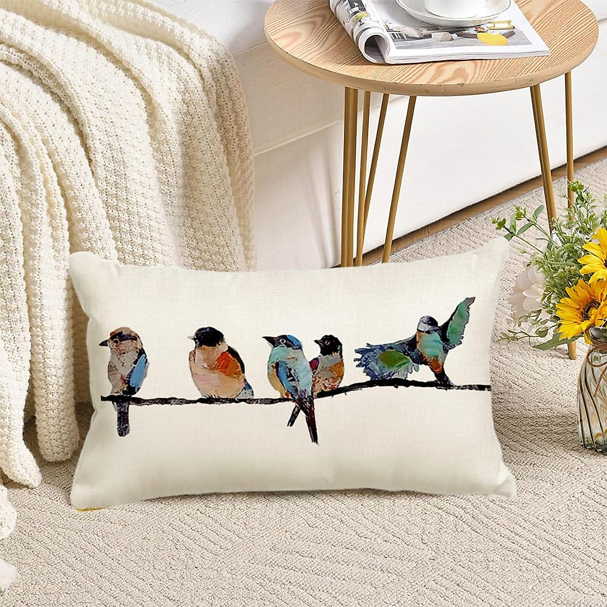 RABUSOFA 12x20 Lumbar Pillow Decorative Throw Pillows,Small Hand-Painted Outdoor Birds Pillowcases,Spring Summer Pillows Decorative Throw Cushion Covers Linen for Couch Sofa Teal Blue