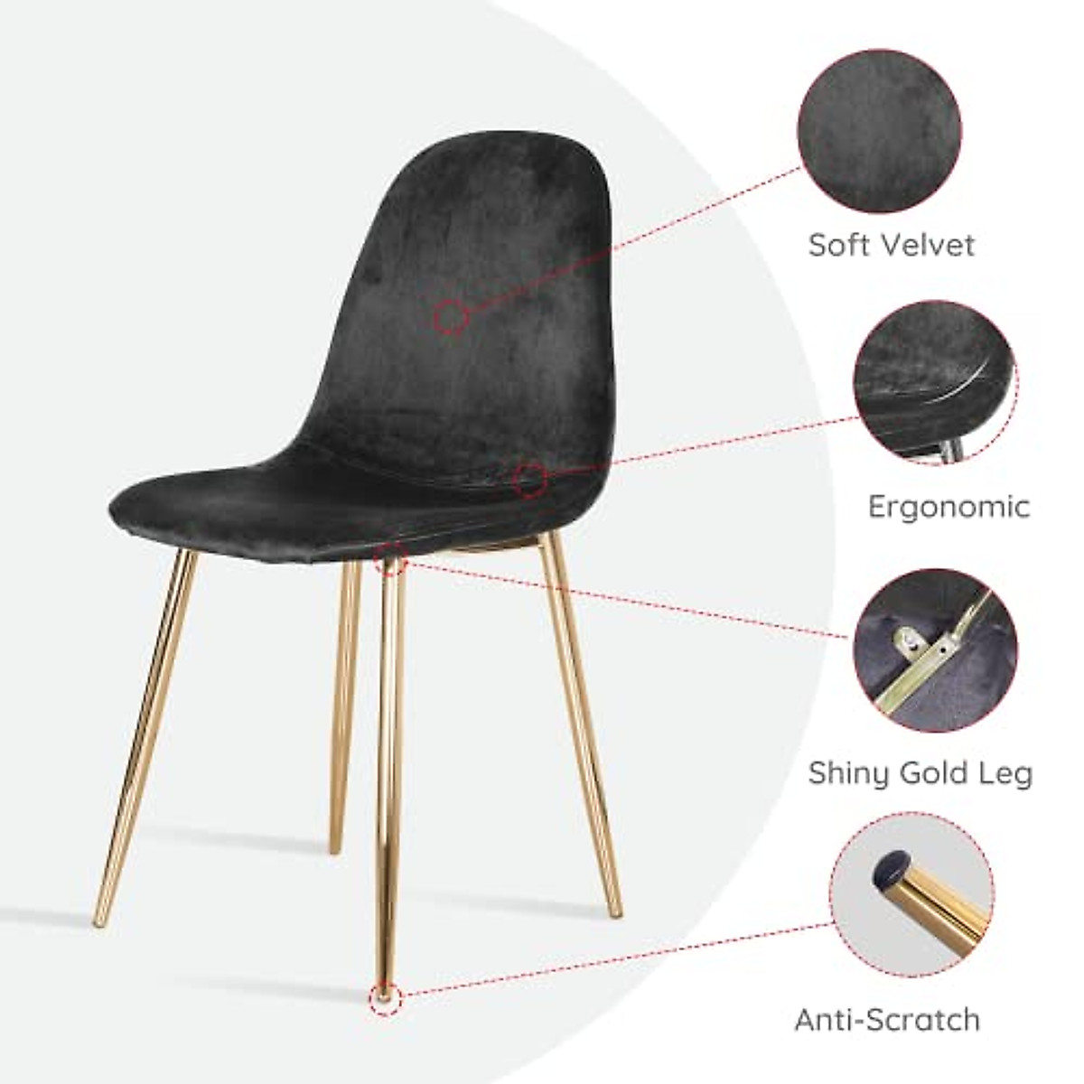 Pozbee Black Dining Chairs Set of 4, Midcentury Modern Dining Room Chairs with Gold Chrome Legs, Velvet Seat 18", Elegant Kitchen Chairs (Black)