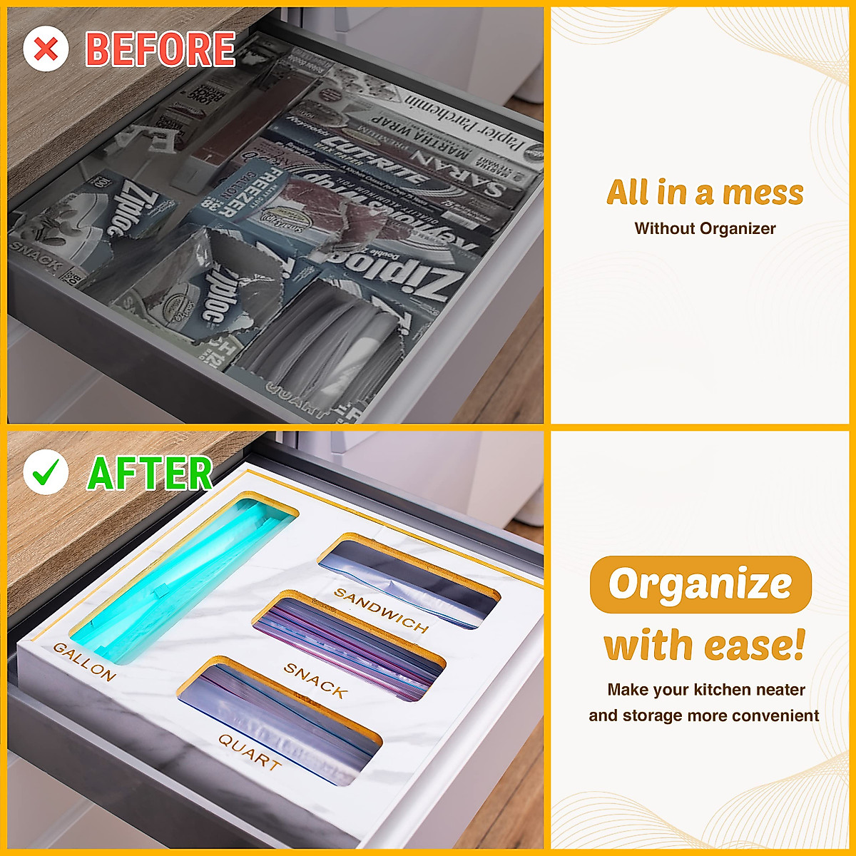 Bamboo Ziplock Bag Storage Organizer with Modern Marble Wrap Finish, Storage Holder for Plastic Food Bags, Sandwich, Quart, Snack, and Gallon Sized Slots