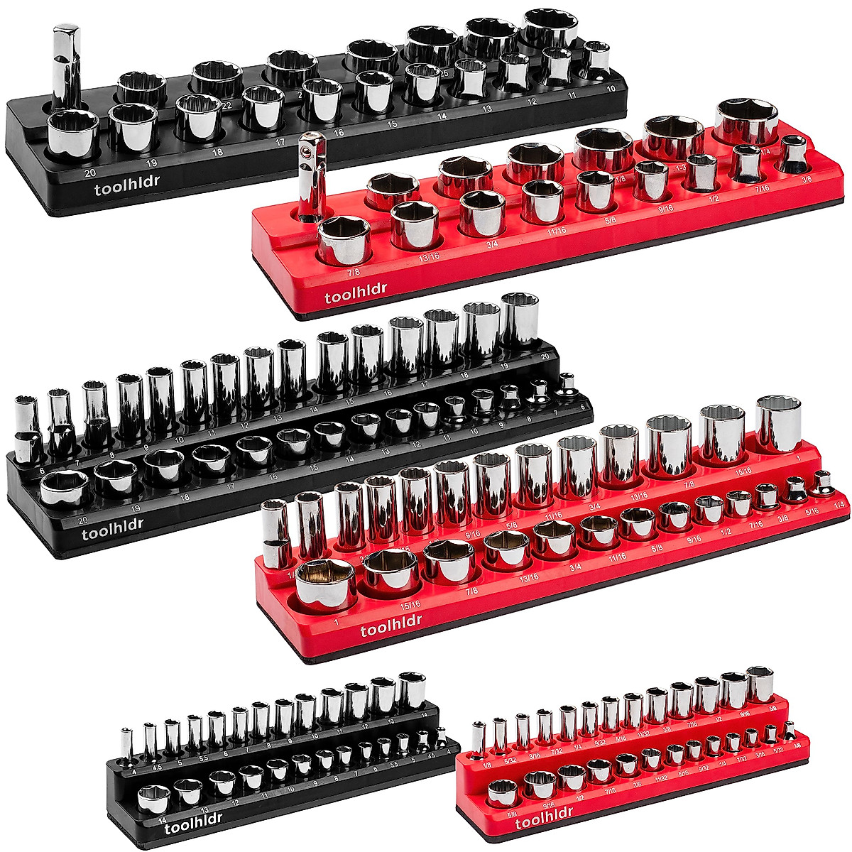 toolhldr Magnetic Socket Organizer - Metric & SAE Socket Tool Organizer Storage for 1/4", 3/8", 1/2" Drives - Fits Drawers, Toolboxes, Attaches to Metal Wall - Easy-to-Read - 6-Pack Black and Red