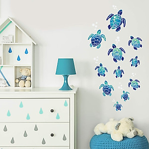 12 Pcs Sea Turtle Wall Decals Ocean Turtle Vinyl Stickers Underwater Bathroom Decals Waterproof Wall Sticker Decoration for Home Office Nursery Room Toilet (Blue)