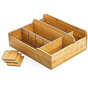 Frcctre Bamboo Utensil Caddy Organizer for Countertop, 8 Compartment Paper Plate Holder, Adjustable Utensil Holder Silverware Organizer Cutlery Organizer Box for Plate, Cup, Fork, Spoon, Napkin