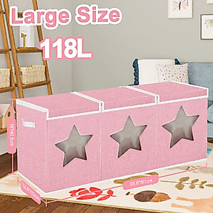 Xmasorme Toy Box for Girls,Extra Large Toy Storage Organizer Bins with Star Transparent Windows,Sturdy Handles and Mesh Bag, Foldable Storage Box for Nursery, Playroom, Bedroom(Pink)