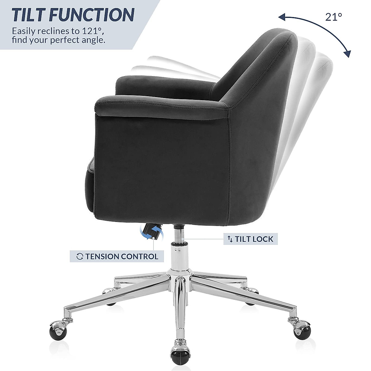 BELLEZE Modern Home Office Chair, 360 Degree Swivel Desk Chair Velvet Office Chair with Metal Base, Rolling Chair Adjustable Chair with Arms and Wheels for Bedroom, Study, Vanity - Peyton (Black)