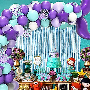 JOYYPOP Mermaid Balloon Garland Kit 121pcs with Mermaid Tail Foil Balloons, Light Blue Foil Fringe Curtain for Mermaid Ocean Theme Party Under The Sea Party Decorations(purple)