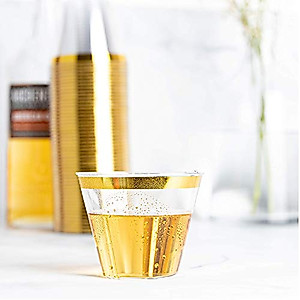 PLASTICPRO 9 oz Disposable Plastic Party Cups,Old fashioned Designed Tumblers, With gold Rim 100 Count, Crystal Clear
