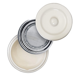 Ceramic Grease Container Keeper with Metal Stainless Steel Strainer and Lip for Easy Pour (Ivory)