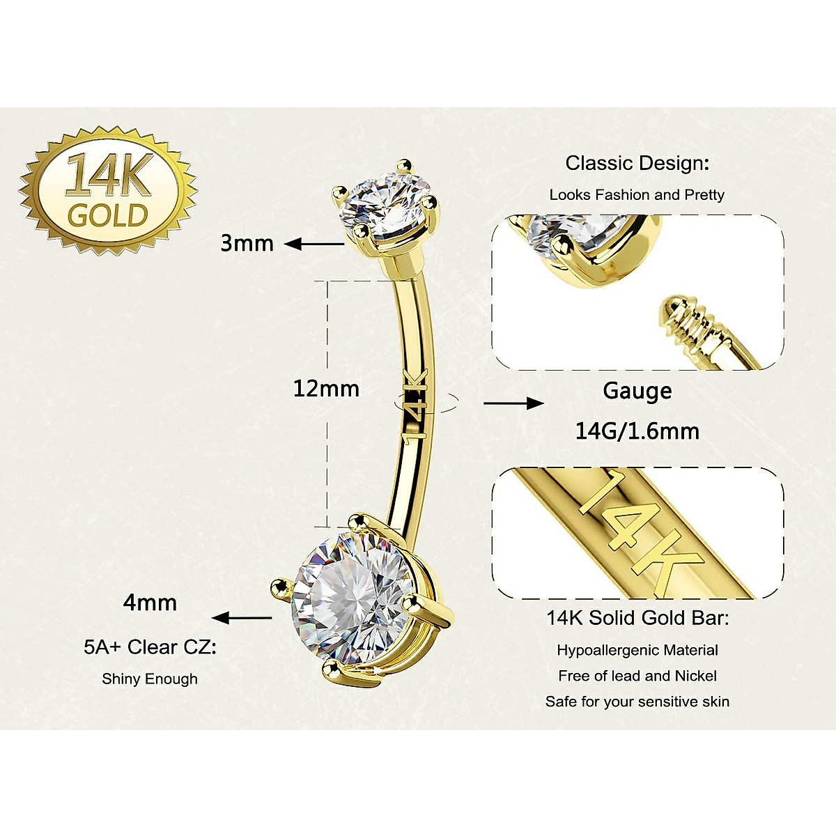 OUFER Gold Belly Button Rings, 14K Solid Gold Belly Rings, Shiny Clear CZ Belly Piercing Jewelry, Navel Rings, Long Navel Belly Rings For Women Men-14MM