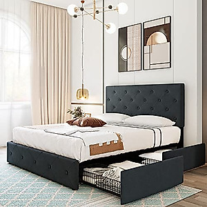 Allewie Queen Platform Bed Frame with 4 Storage Drawers & Adjustable Height Headboard, Fabric Diamond Button Tufted Design, Wooden Slats, No Box Spring Needed, Dark Grey