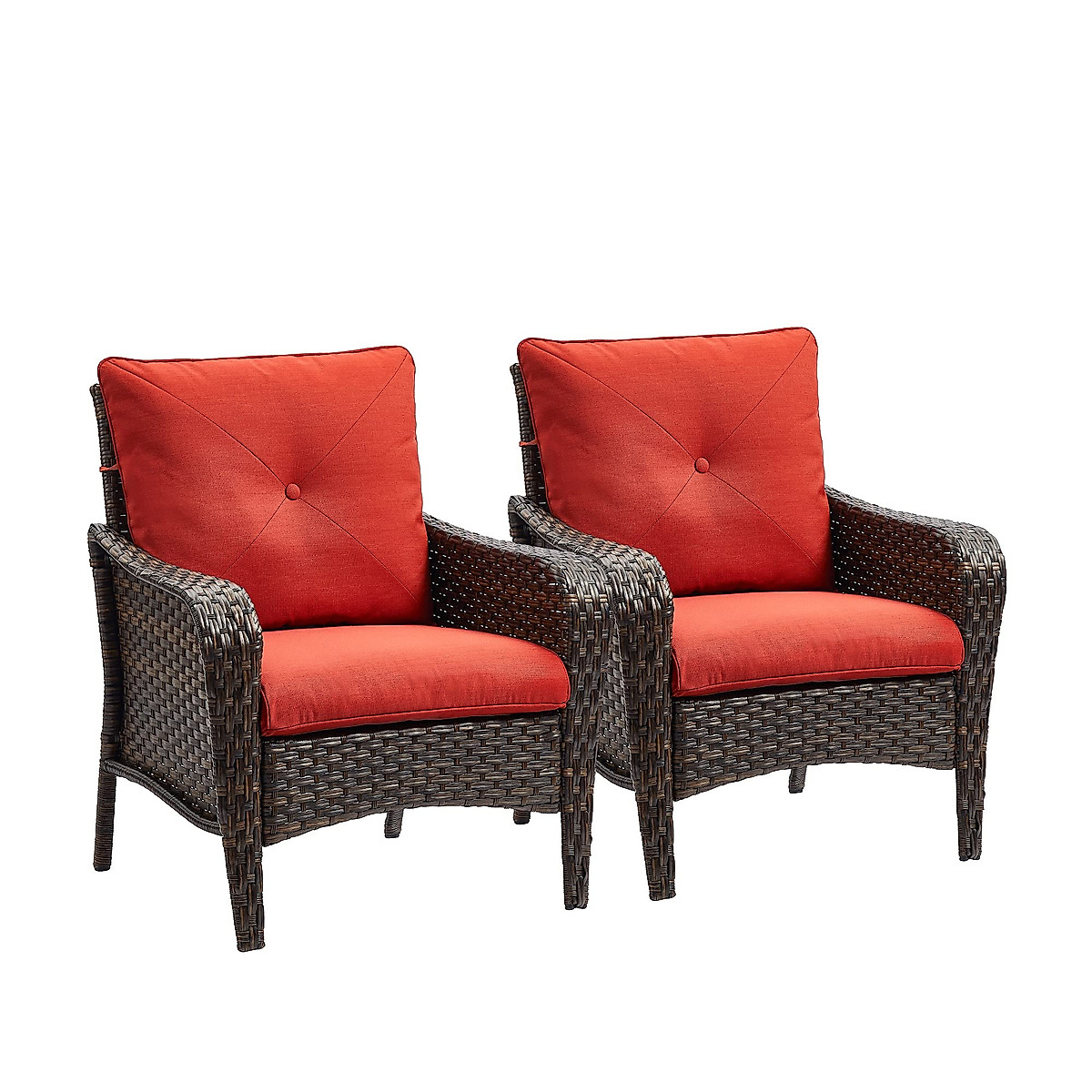 Rilyson Outdoor Patio Wicker Dining Chairs Set of 2, Rattan Single Sofa Chair 2 Piece, Porch Lawn Armchair Wicker Dining Chair with Deep Seating and Cushion (Brown/Red)