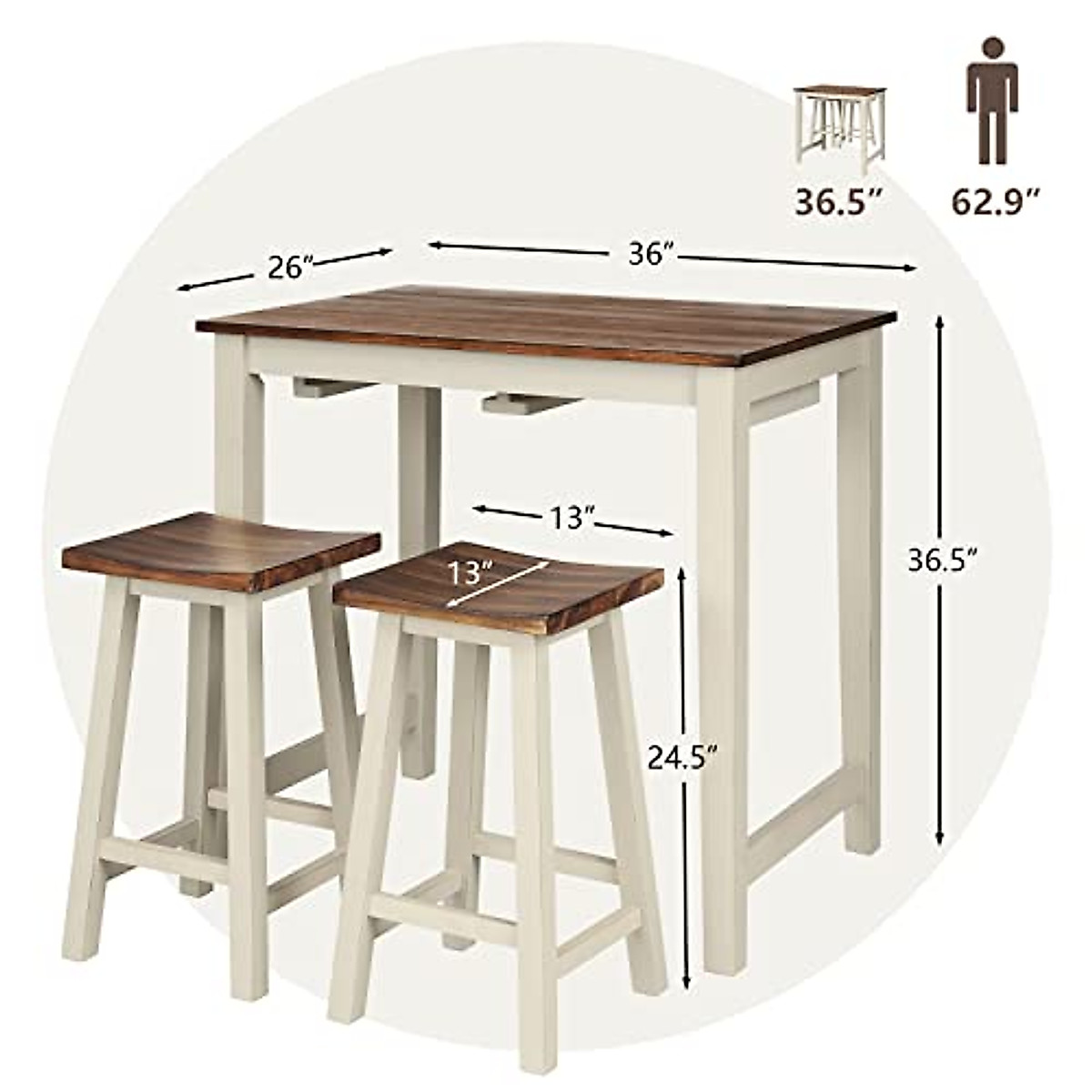 COSTWAY 3 Pieces Dining Set, Counter Height Pub Table Set with 2 Saddle Stools, Industrial Wood Breakfast Table Set for Bar, Kitchen, Living Room, Restaurant