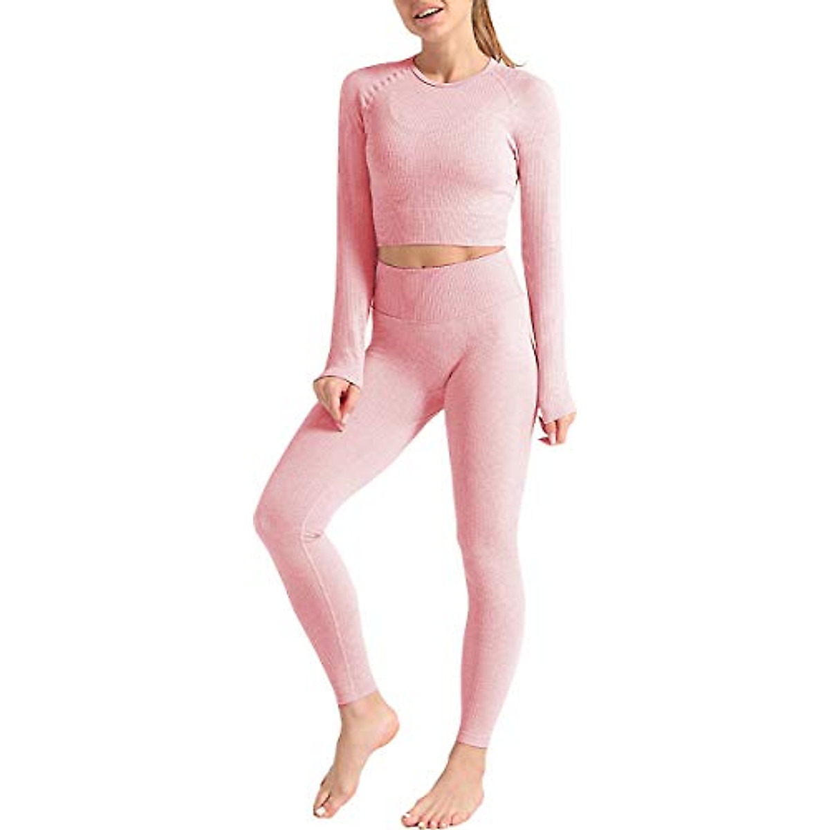 MAYROUND Women 2 Pieces Yoga Workout Outfit Ribbed Seamless Leggings and Long Sleeve Crop Top Set Exercise Clothes