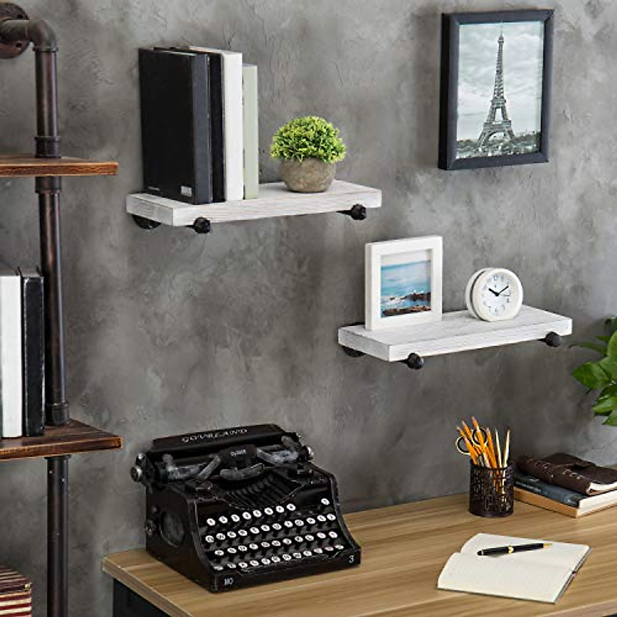 MyGift 16-Inch Rustic White Wood Wall-Mounted Floating Shelves with Black Metal Pipe Brackets, Urban Industrial Wall Hanging Storage and Display Shelf, Set of 2
