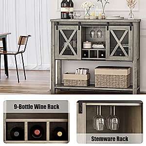 IDEALHOUSE Buffet Storage Cabinet Farmhouse Wine Cabinet Coffee Bar Table with Wine Glass Rack and Storage, Wood Buffets and Sideboards with Barn Mesh Door for Kitchen, Dining, Living Room