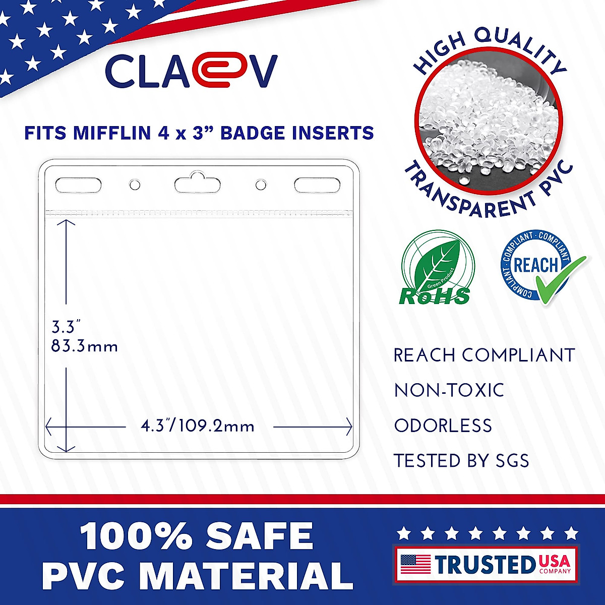 Claev Horizontal Flexible and Tear Resistant Card Protector (Clear, 4x3 Inch, 100 Pack), Large Easy Open Plastic ID Name Badge Holders for Conferences, Conventions, Offices & Schools