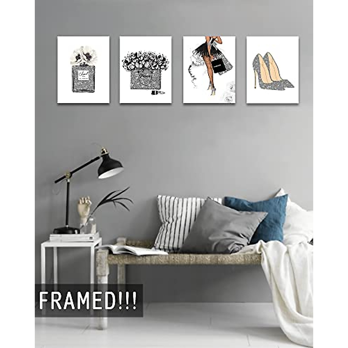 Glam Gray Fashion Wall Decor - Woman Makeup Framed Wall Art - Silver Girly Room Decor - Beauty Room Decor Pictures Arts for Office Bedroom Bathroom Wall Decor - Perfume Handbags High Heels Lipstick Wall Paintings Set of 4, 8x10 in (Framed)