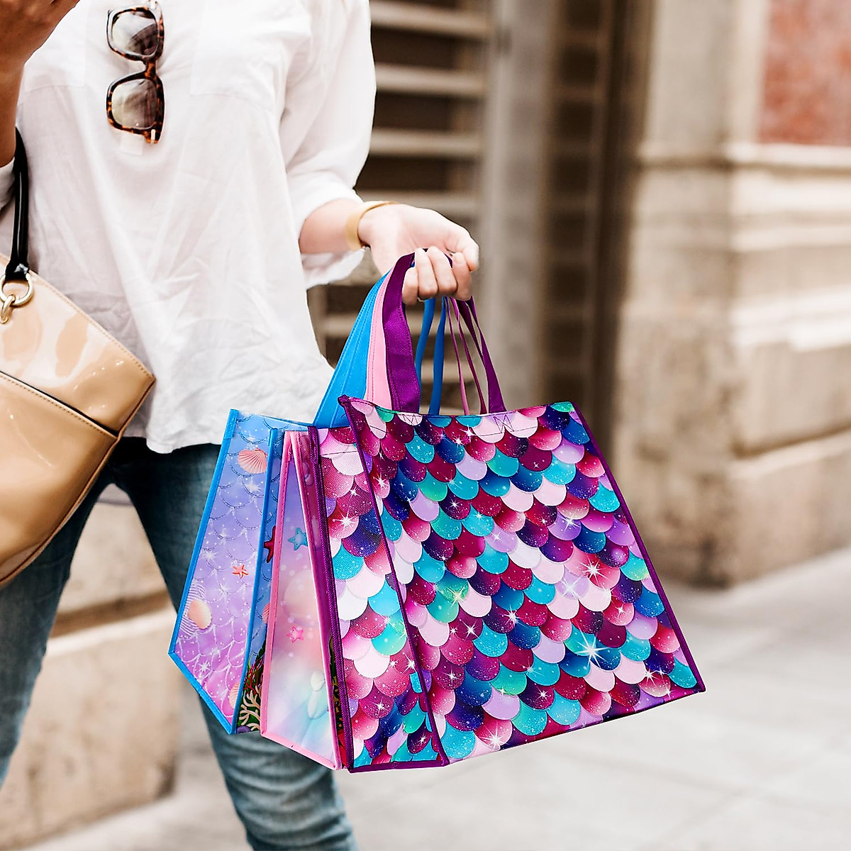 BLEWINDZ Large Gift Bags with Tissues – 3Pcs Mermaid Girls Kids Tote Reusable Gift Bags with Handles for Birthday Party Favors, Baby Showers, Shoppings (13" x 7" x 13.2")