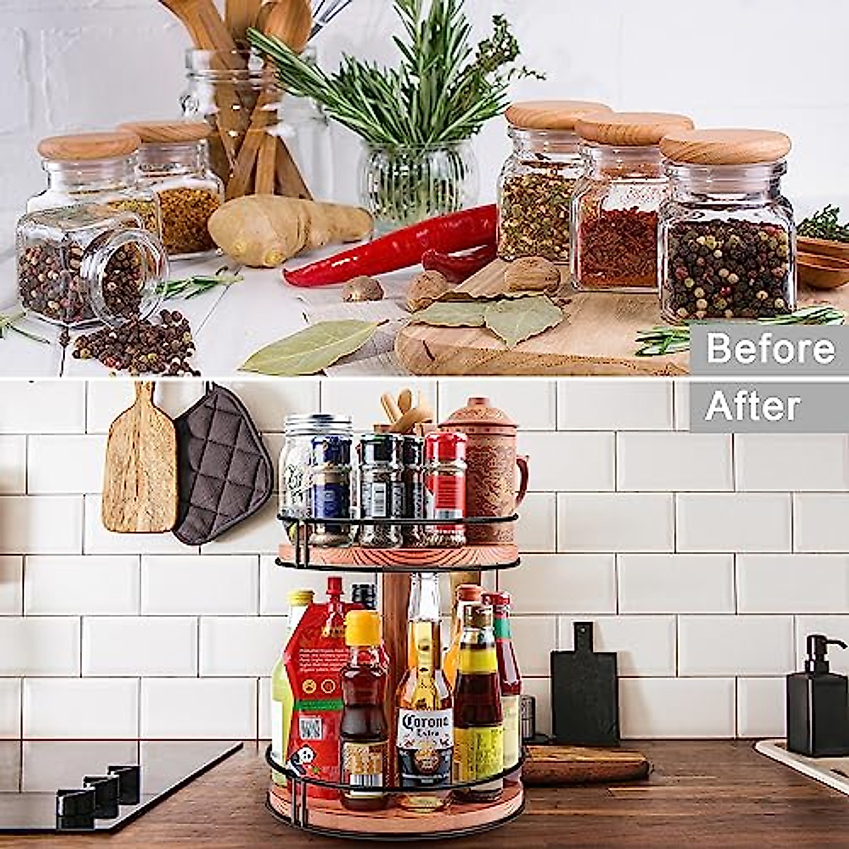 Lazy Susan Organizer, 2 Tier Wood Lazy Susan Turntable for Cabinet, 11 Inch Turntable Spice Rack Organizer for Pantry Kitchen Countertop Dining Table Storage