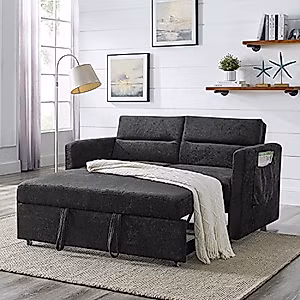 3 in 1 Convertible Sleeper Sofa Bed, Antetek Modern Chenille Loveseat Sleeper Sofa Couch with Pull-Out Bed, Small Love seat Sofa Bed with Reclining Backrest & Side Pocket for Living Room, Black, 54.6"
