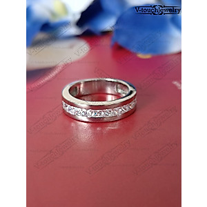 V Touch 14K White Gold Plated 925 Sterling Sliver 3 Piece Wedding His Engagement & Her Band Rings Sets Cushion & Princess Cut Created Diamond for Couple Mens and Women Trio Ring Set