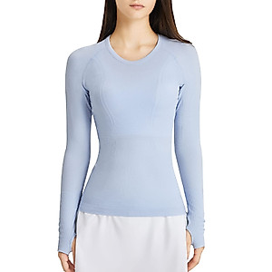 Long Sleeve Workout Shirts for Women Seamless Yoga Tops, Running T-Shirt Breathable Gym Athletic Tops Slim Fit Blue