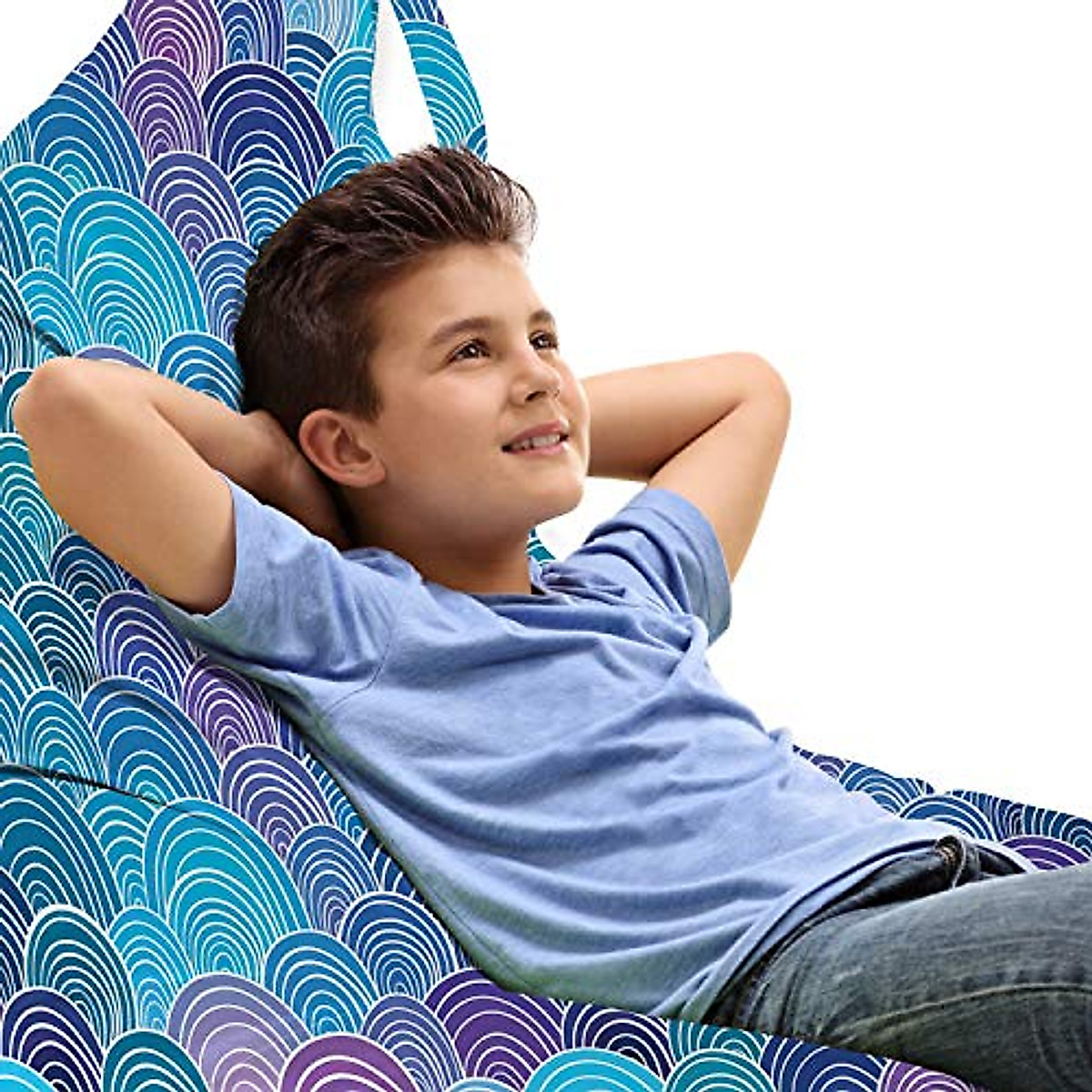 Lunarable Abstract Lounger Chair Bag, Hand Drawn Waves Half Circles in Violet Blue Tones, High Capacity Storage with Handle Container, Lounger Size, Lavender Sky Blue