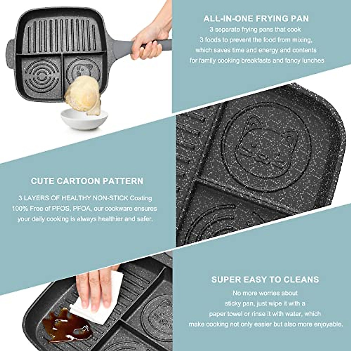 Faseem Sectional skillet grill pan, 10.6 inch 3 Section Breakfast Pan, Grill Pans for Stove Tops, Compatible with All Stovetops, PFOA Free, (Gas, Electric & Induction)