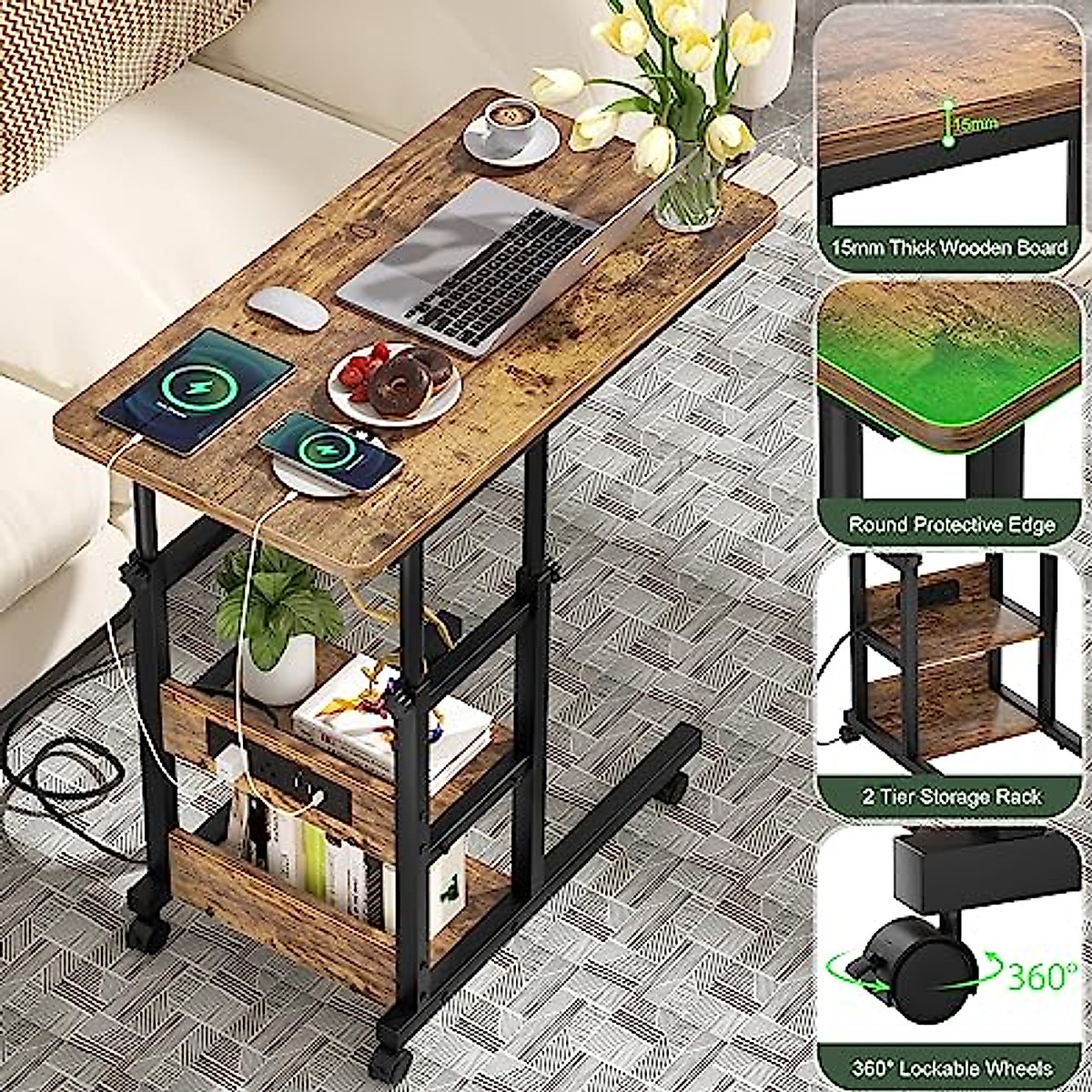 Height Adjustable C Shaped End Table with Charging Station, Mobile Laptop Side Table with USB Port and Wheels, Sofa Couch Table with 2-Tier Storage Shelve for Living Room Bedroom, Rustic Brown