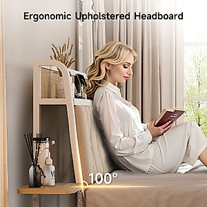 ONBRILL Queen Bed Frame with Side Storage Shelf, Ergonomic Upholstered Headboard with Charging Station, Queen Size Platform Bed Frame, Metal Slats Support, No Box Spring Needed, Easy Assembly, White